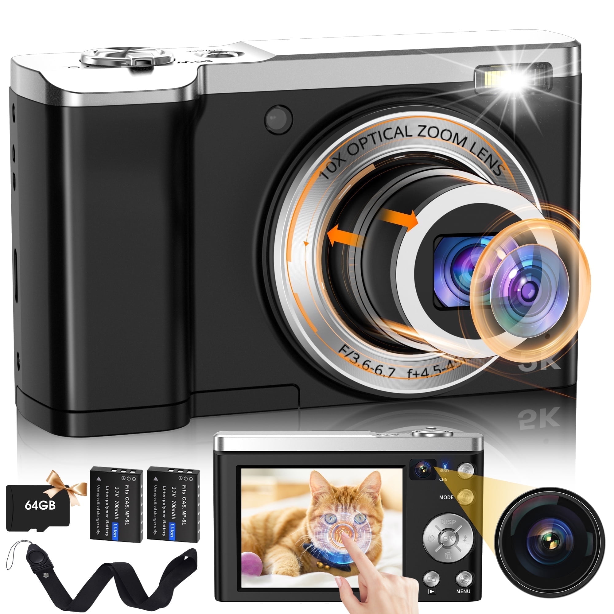 5K 56MP Vlogging Camera Touchscreen 10x Zoom Dual Lens 64GB Card ...