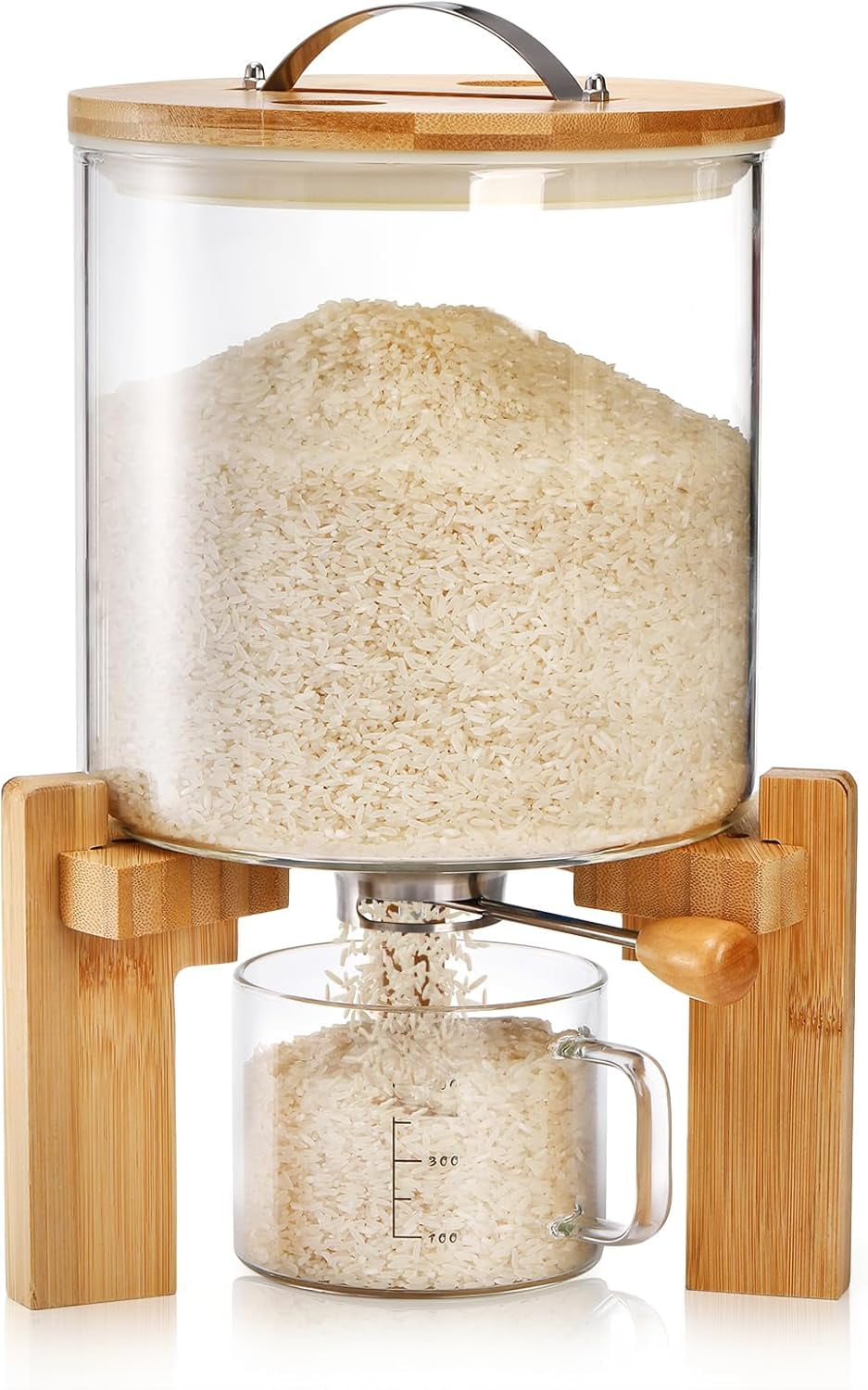 5L Glass Rice Dispenser, Cereal Container with Bamboo Stand, Large ...