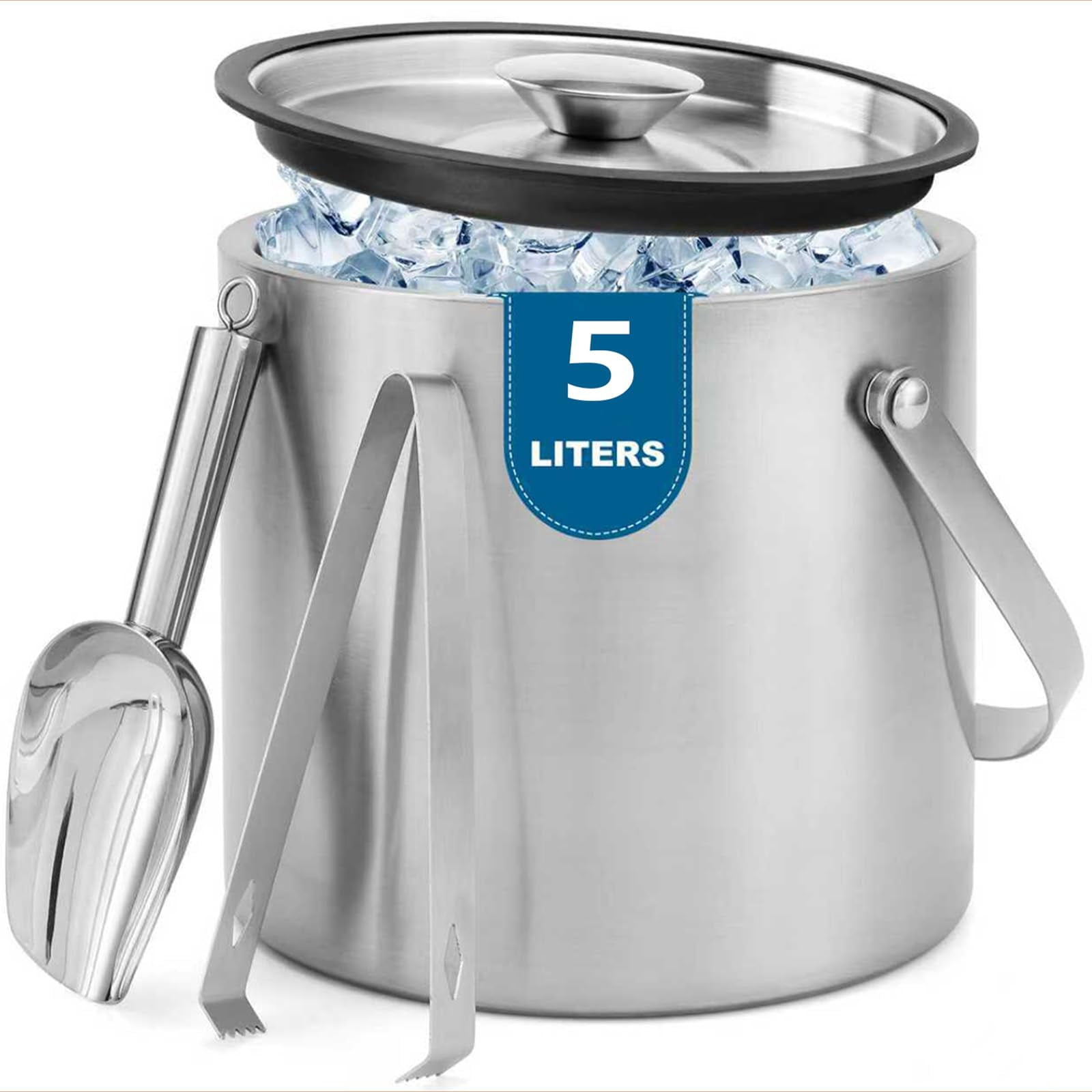 5L Stainless Steel Ice Bucket with Lid, Scoop and Tongs for Cocktail ...