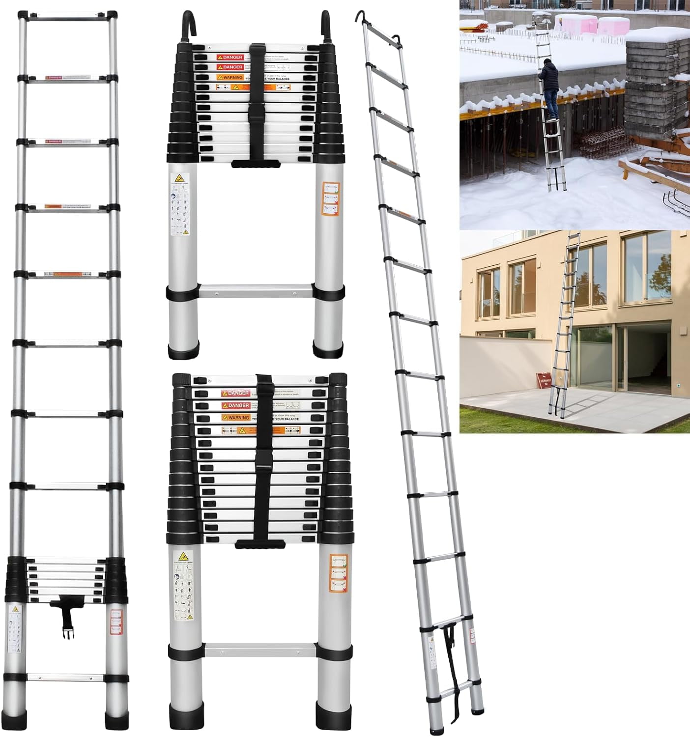 5M/16.4FT Multi Tool Telescopic Ladder with 2 Hooks, Loft Ladder ...