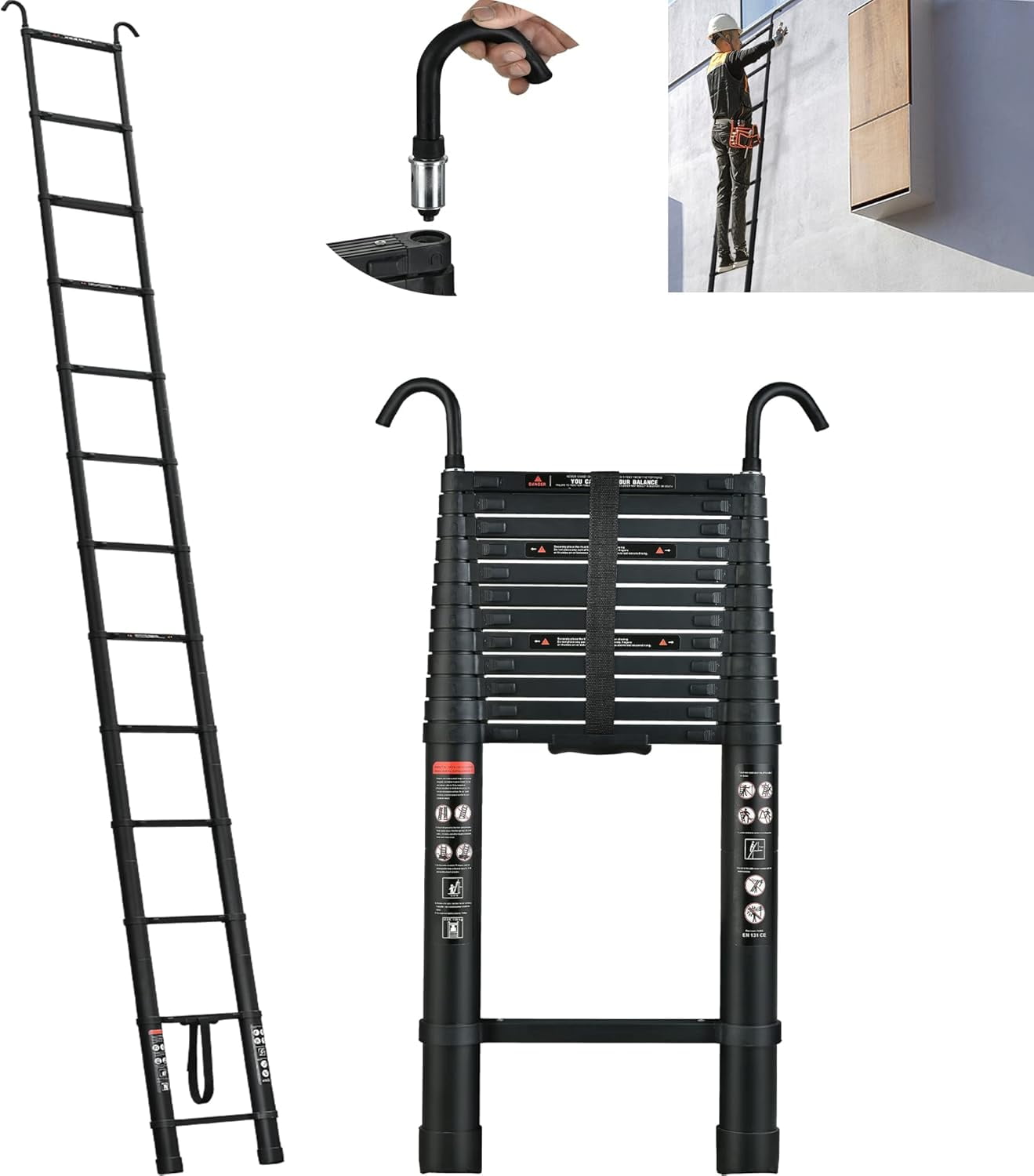 5M /16.4ft Telescopic Ladders with Hook Detachable 150kg Capacity ...