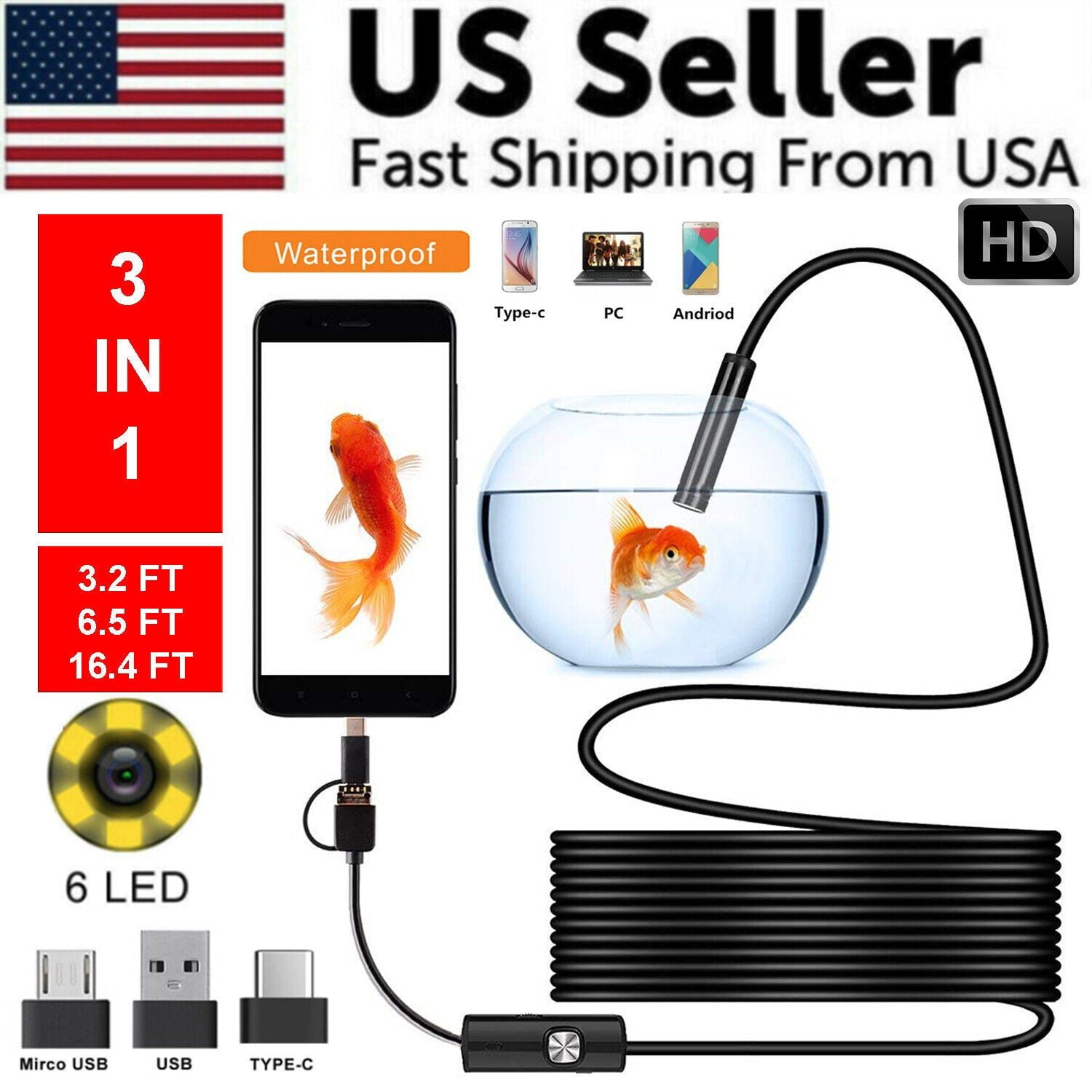 5M 6LEDs Snake Endoscope Borescope 8mm Inspection USB Camera Scope For ...