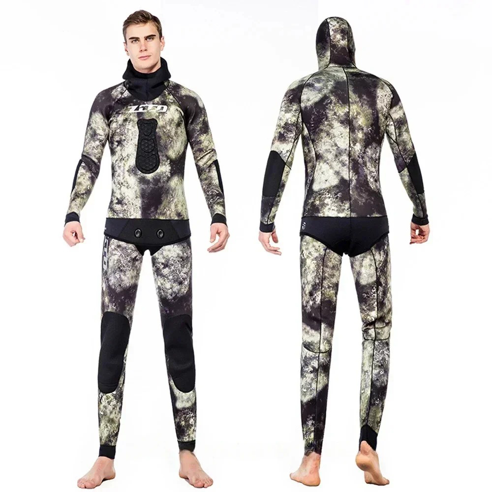 5MM CR Neoprene 2-Piece Hooded Spearfishing Wetsuit - Camouflage Blind ...