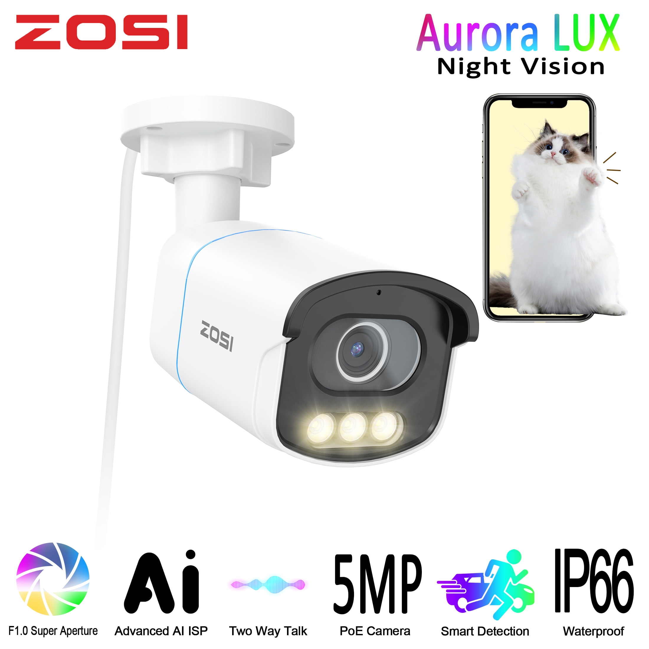 5MP Outdoor Security Camera with True Color Night Vision, ZOSI 3K PoE ...