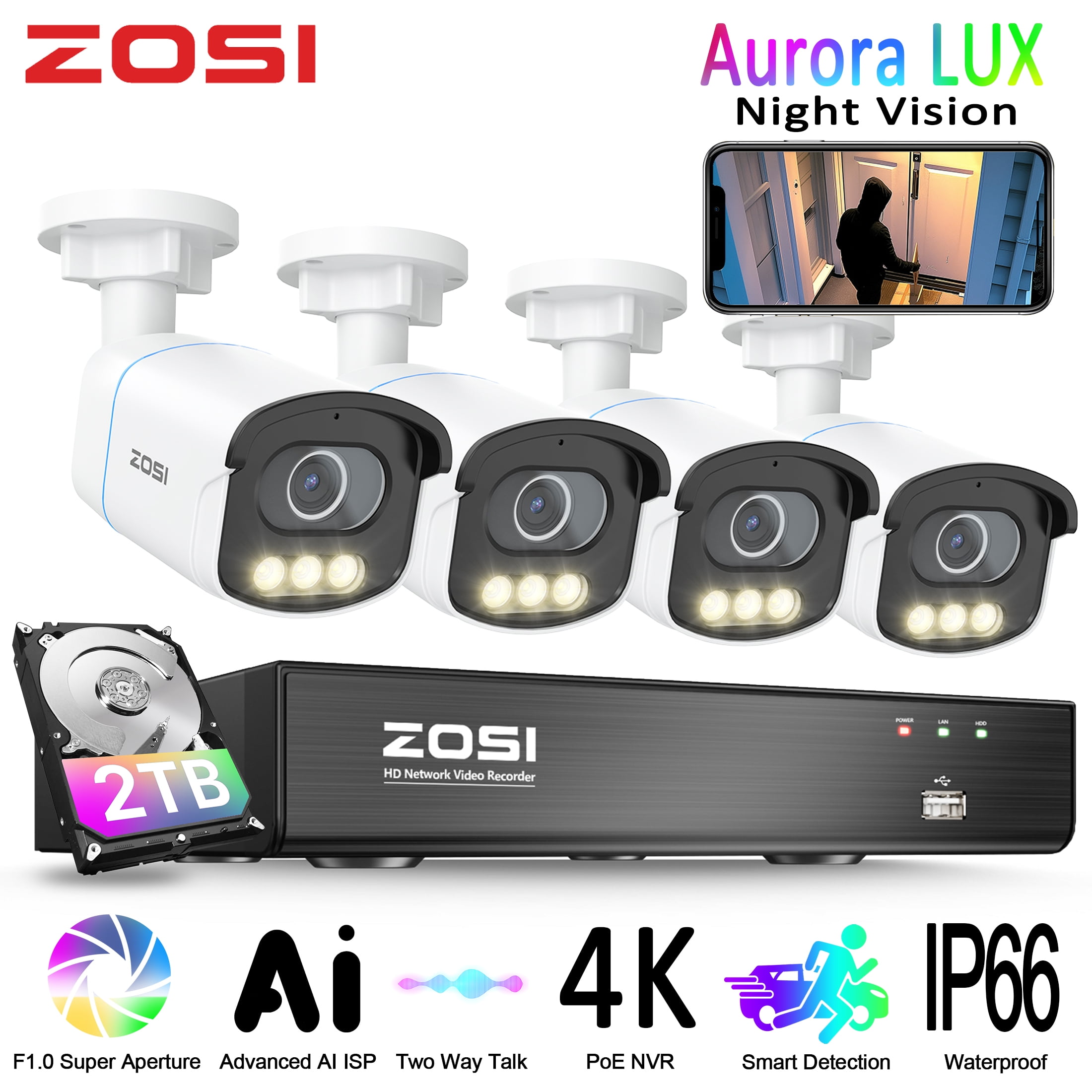 5MP Outdoor Security Camera with True Color Night Vision, ZOSI 3K PoE ...