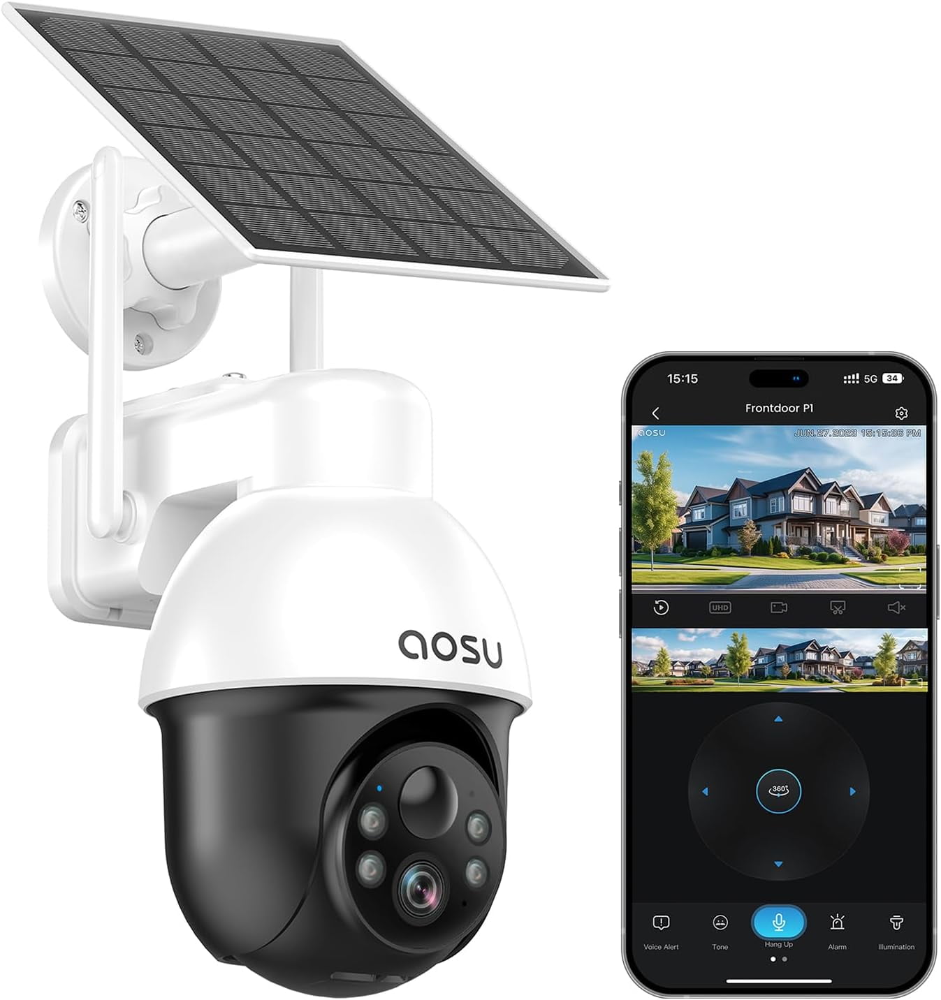 AOSU 5MP Solar WiFi Security Camera, Outdoor 360° Surveillance, Night ...