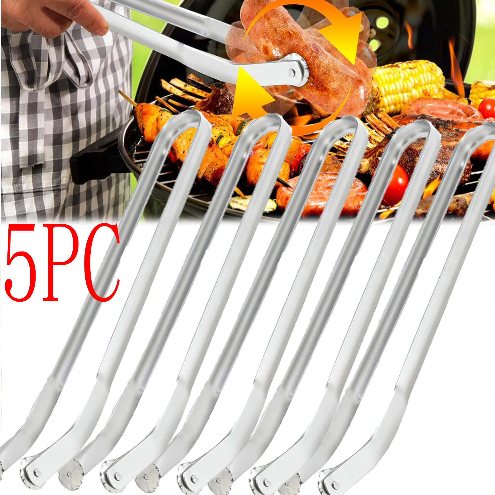 5PC BBQ Sausage Turning Tongs, Stainless Steel Kitchen Cooking Tongs ...