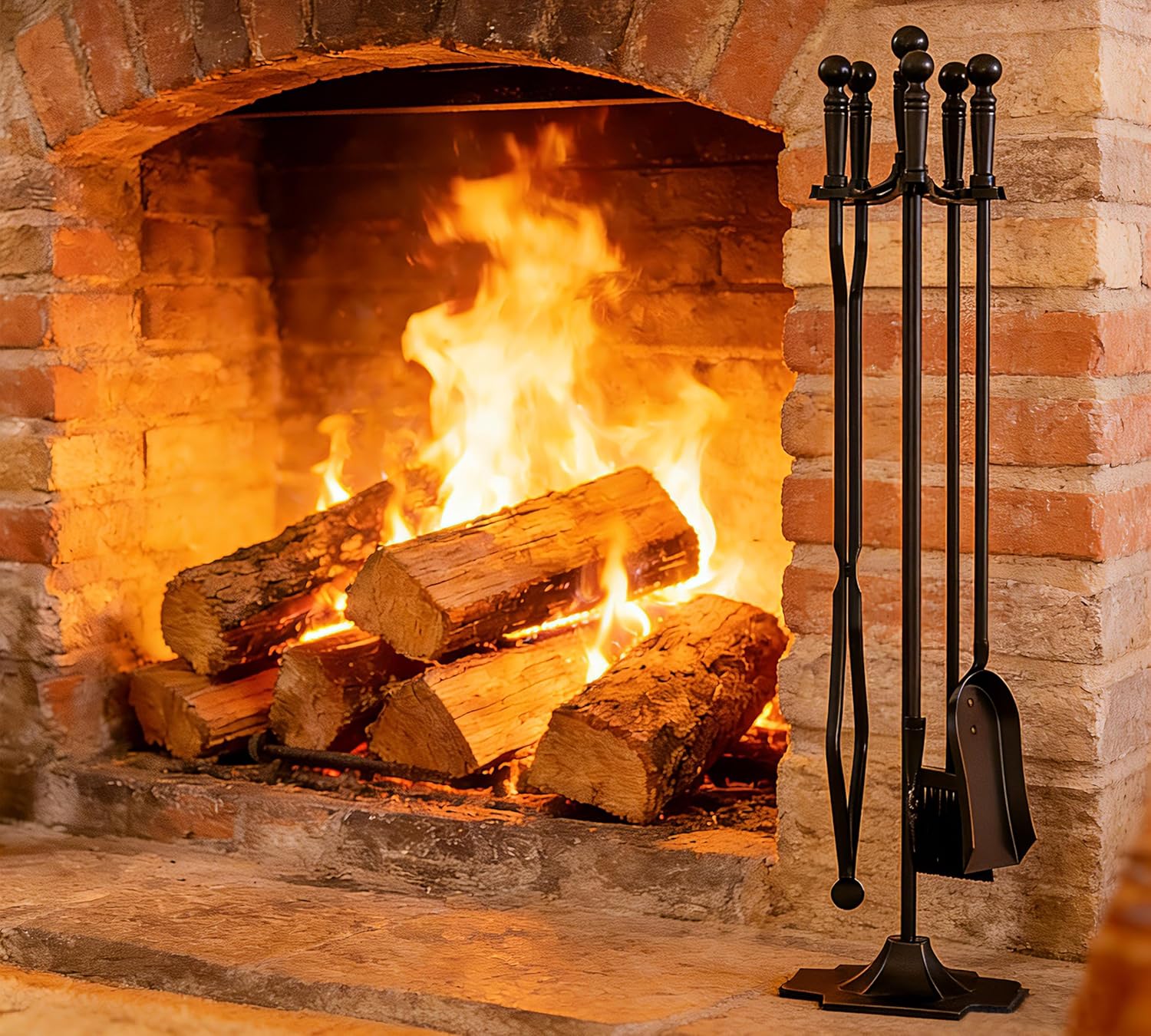 5PC Black Wrought Iron Fireplace Tools Set Hearth Wood Stove Log Tongs ...