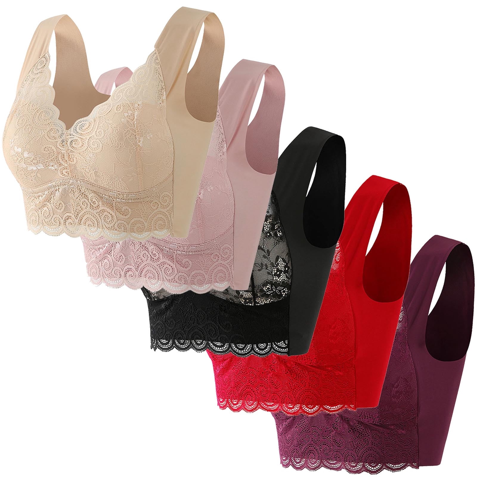 5PC Bras for Women No Underwire Push up Bras Plus Size Lace V Neck Bra ...