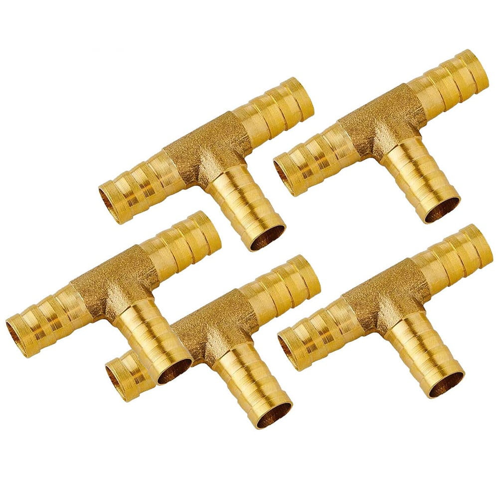 5PC Brass Tee 3WAY Air Hose Joiner Fuel Pipe Fitting Barbed Splitter ...
