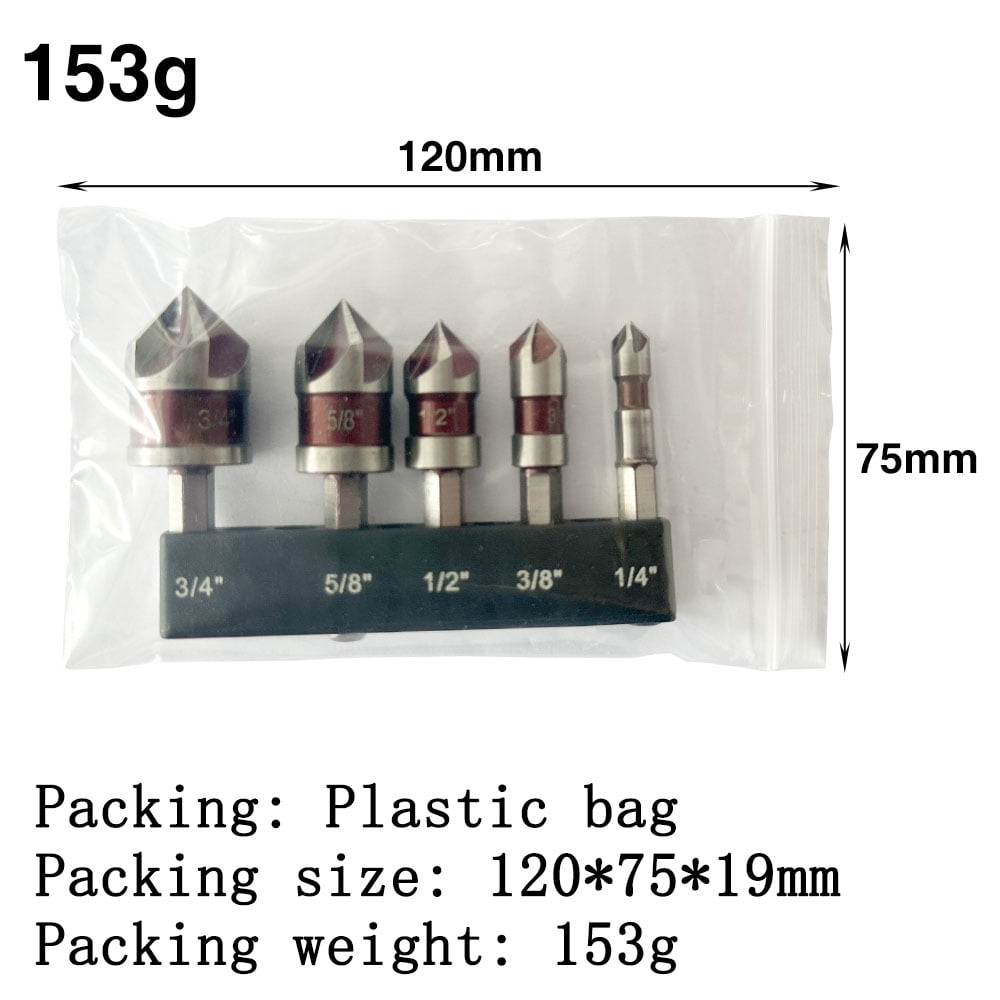 5PC Hexagonal Shank British Five Edge Red Chamferer 1/4-3/4 Countersink ...