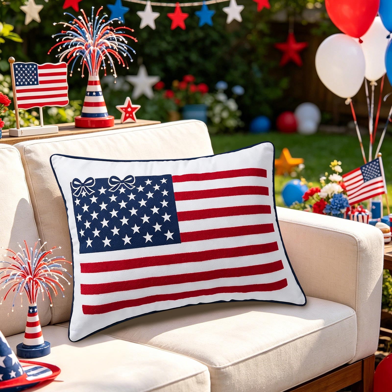 5PC Independence day decor Red White Blue Throw Pillow Bow Lumbar ...