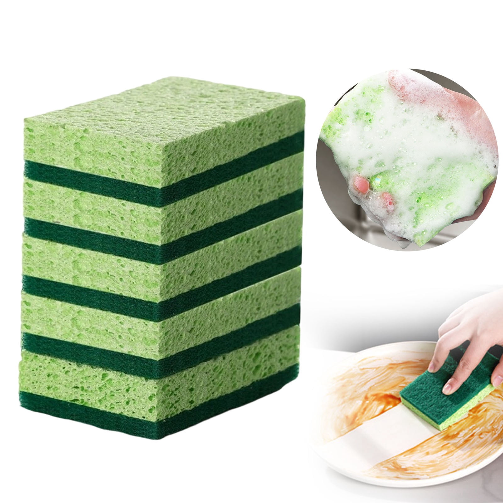 5PC Natural Wood Pulp Kitchen Sponges Double Sided Scrub Sponges Non ...