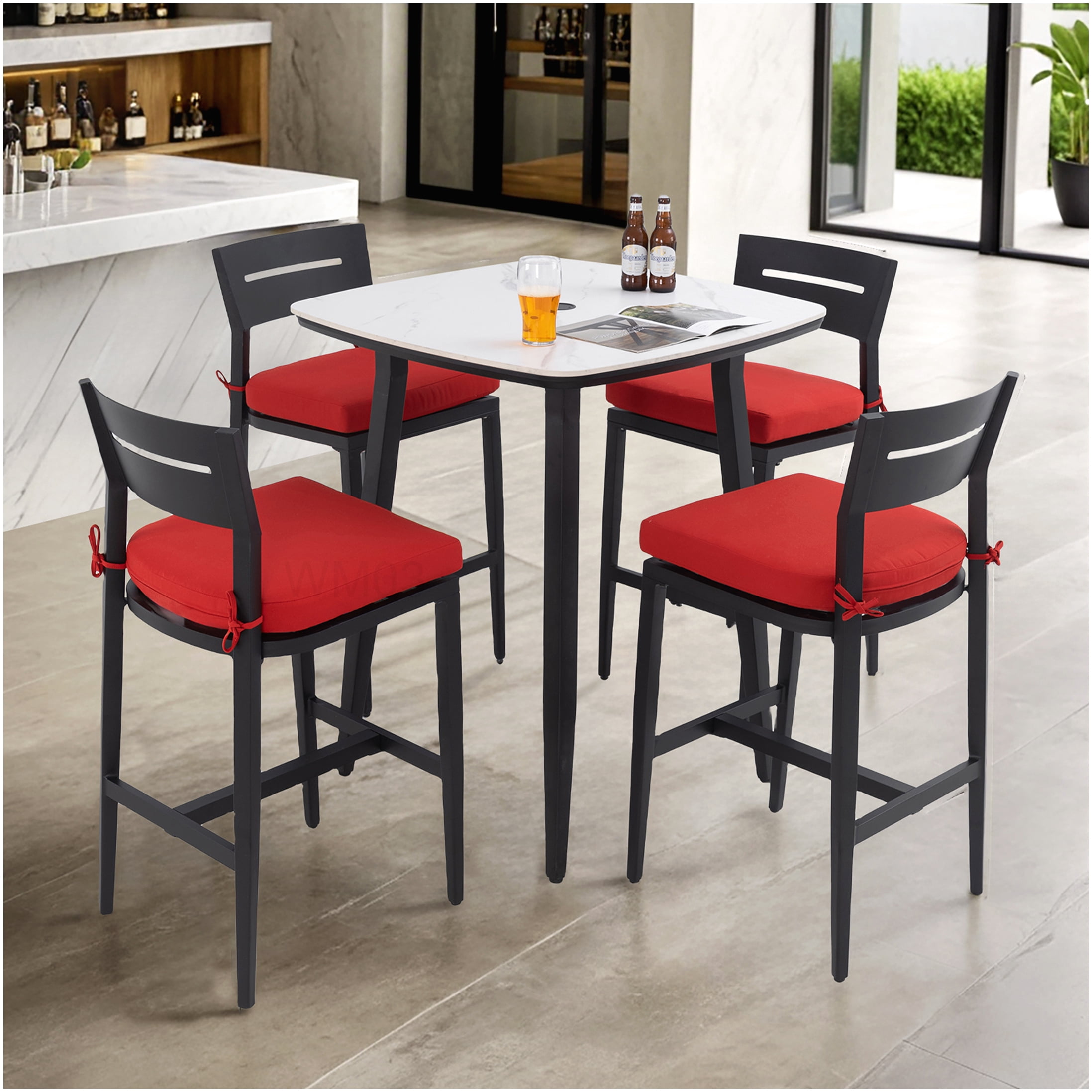 5PC Patio Bar Set with Marble-Look Stone Table & 4 Aluminum Stools ...