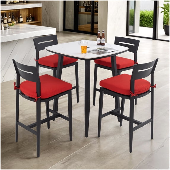 5PC Patio Bar Set with Marble-Look Stone Table & 4 Aluminum Stools ...