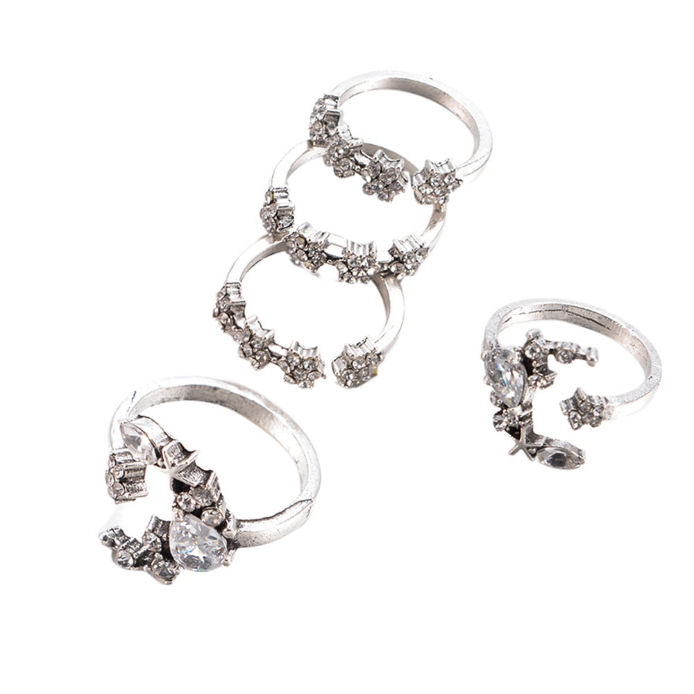 5PC Women Bohemian Silver Star Moon Wedding Lover Stack Rings Set ...