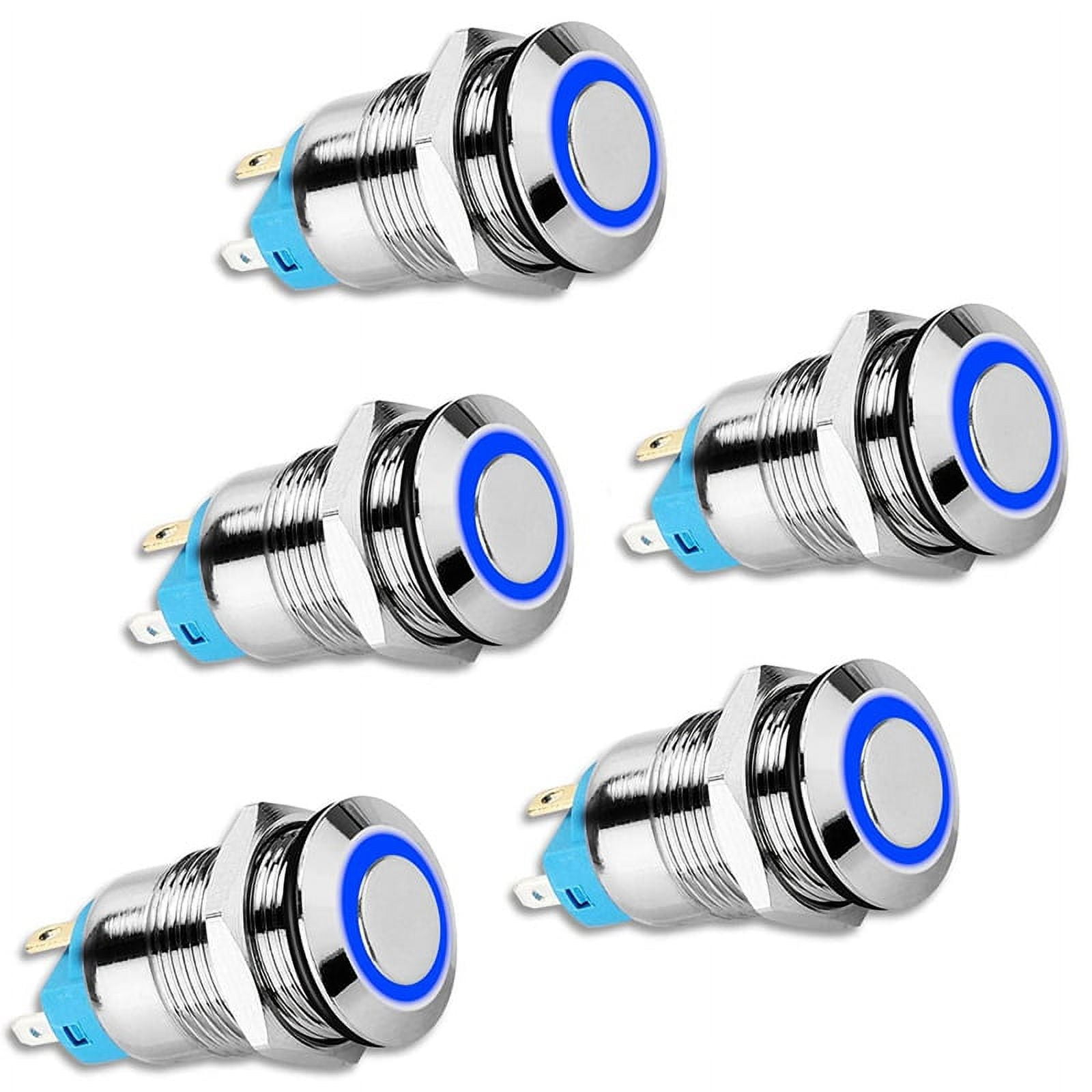 5PCS 12mm Latching Push Button Switch High Round Cap, Waterproof Metal with 12V/24V Blue Light ...