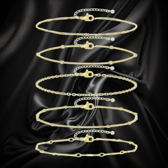 5PCS 14K Gold Plated Waterproof Adjustable Layered Cuban Link Anklet ...