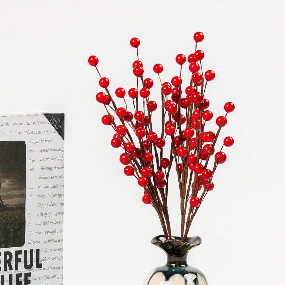 5PCS 17inch Artificial Red Berries Stems, Christmas Red Holly Berry ...