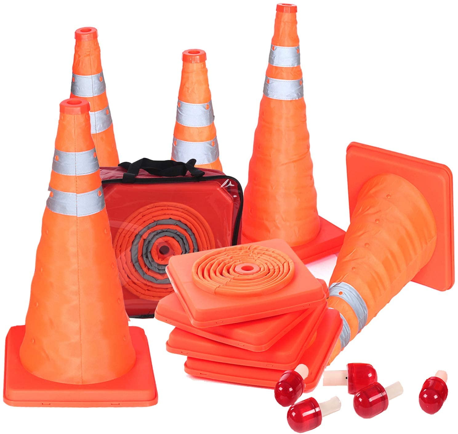 5PCS 18" Collapsible Traffic Cones with Nighttime LED Lights Pop up ...