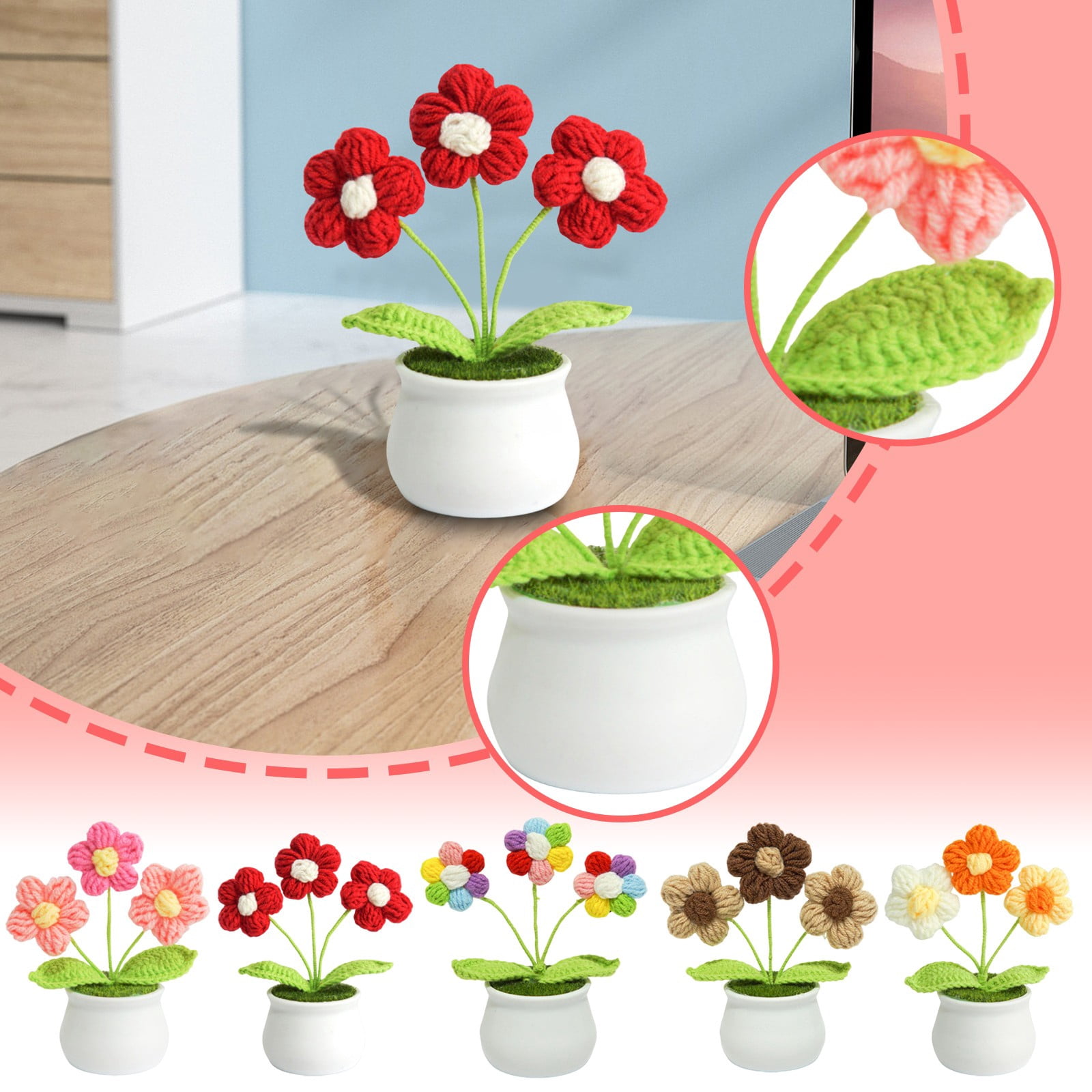 5PCS 5.31in Hand Knitted Artificial Flower Potted Plant Knitted Yarn ...