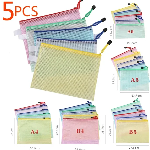 5PCS A4 A5 A6 Zip File Folders Stationery Storage Folder File Mesh ...