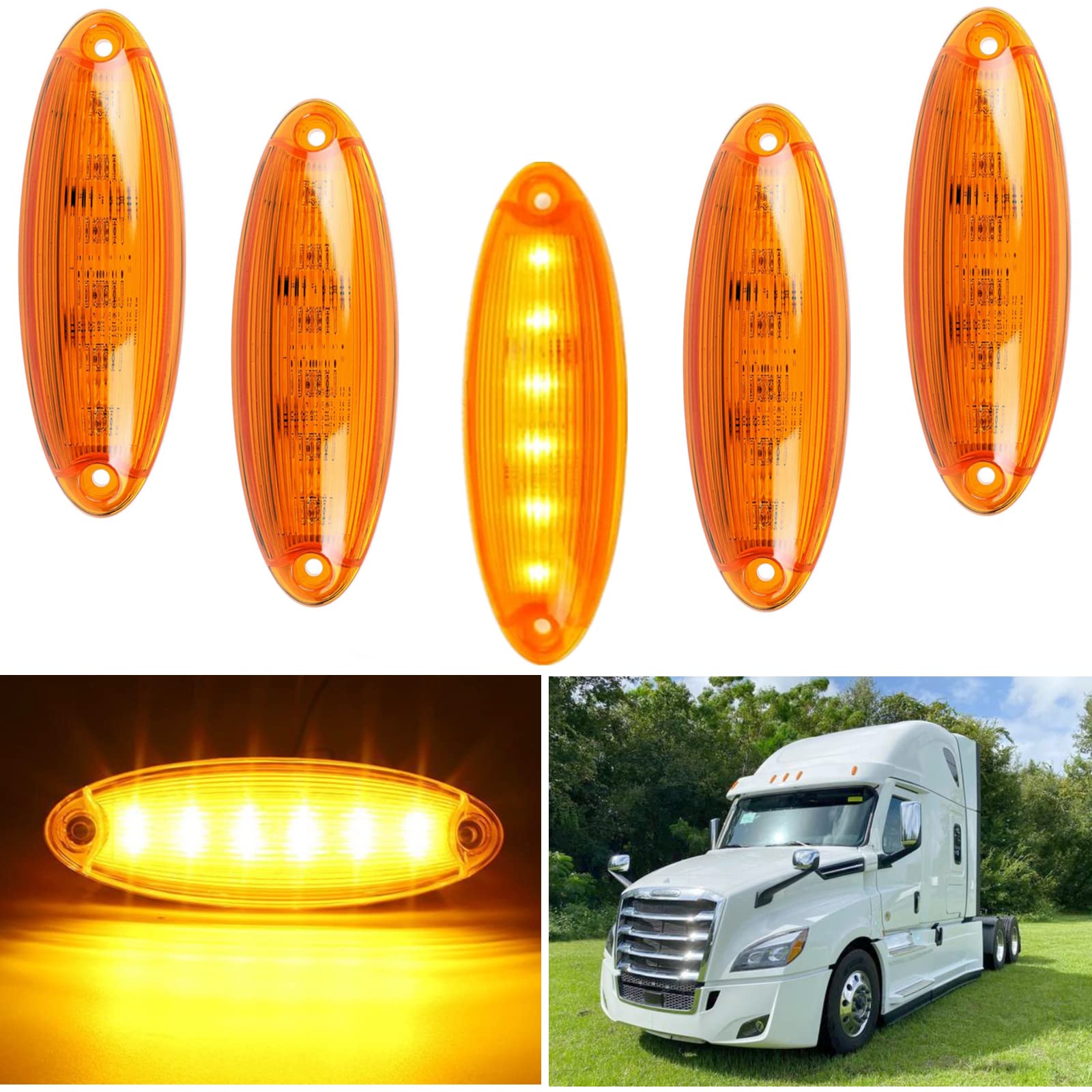 5PCS Amber Lens 6 STF9 Amber LED Cab Marker Top Roof Running Lights ...