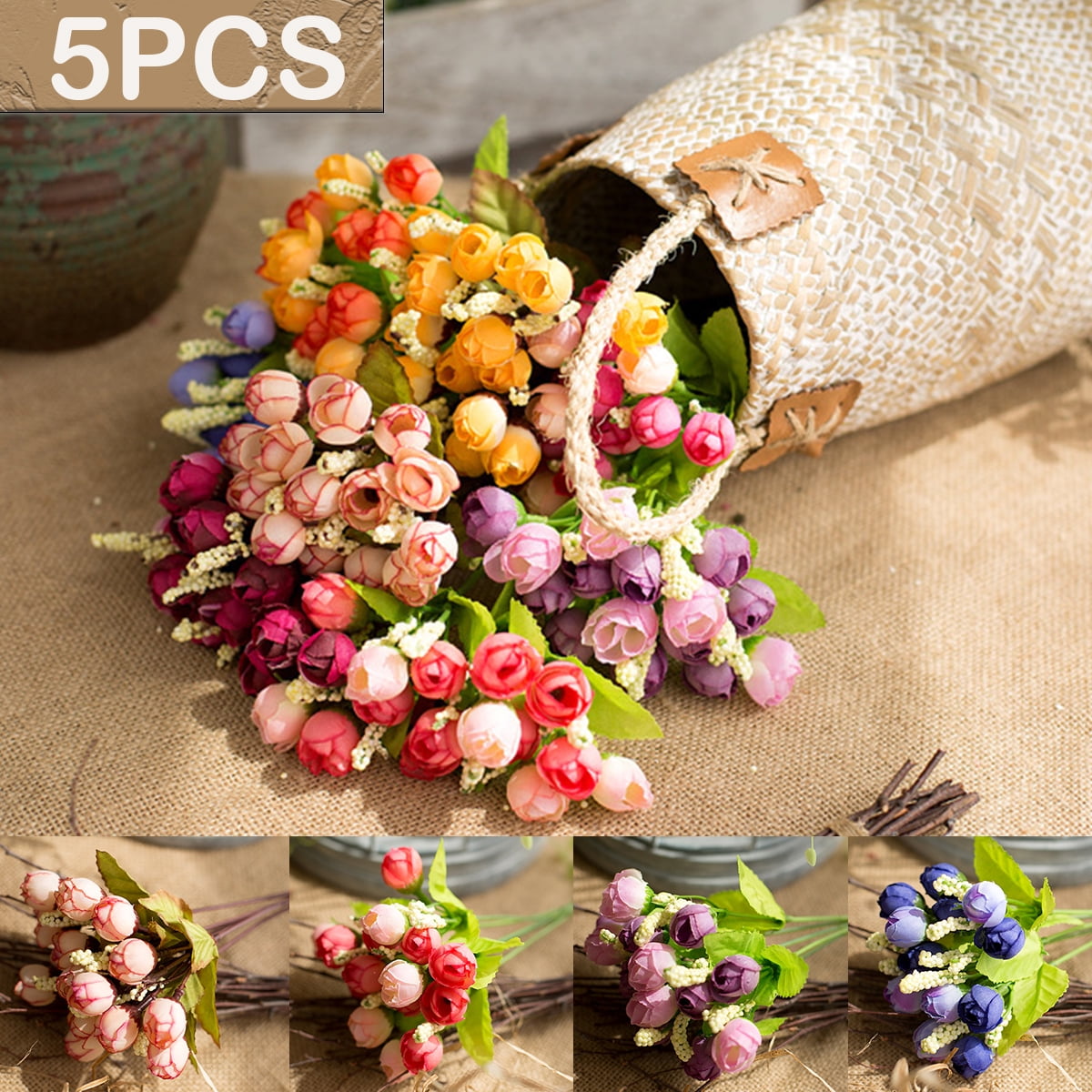 5PCS Artificial Flowers Mini Fake Roses with Stems for DIY Wedding ...