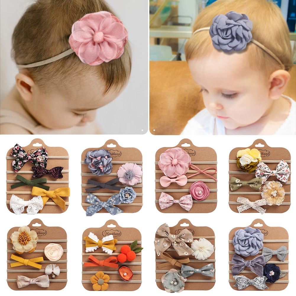 Vorkoi 5pcs Baby Headbands and Bows Hairbands Soft Nylon Elastics Handmade Girls Hair Accessories for Newborn Babies Infant Toddlers Kids Infant