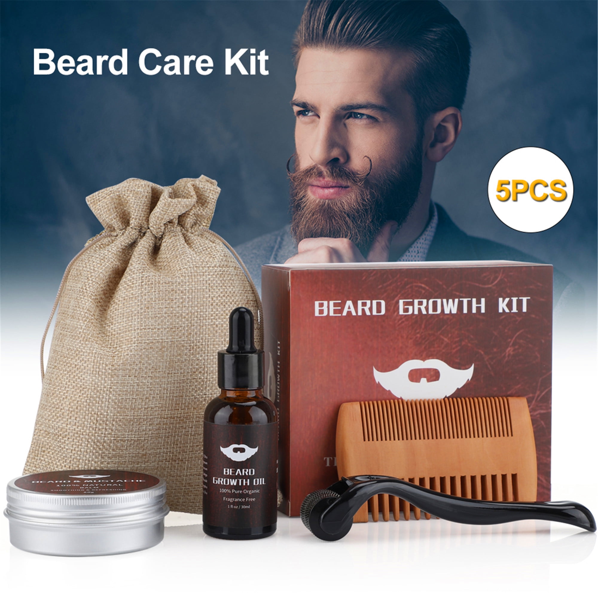 5pcs Beard Growth Kit With Derma Roller Beard Growth Oil And Comb And Bag