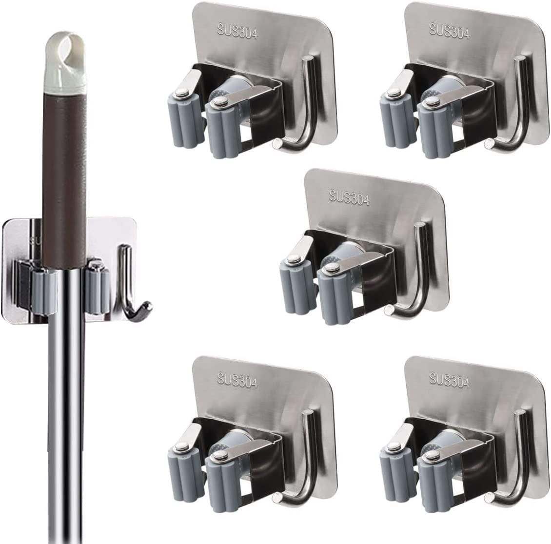 5PCS Broom Holder with Hangle Stainless Steel Wall Mount Mop Holder ...