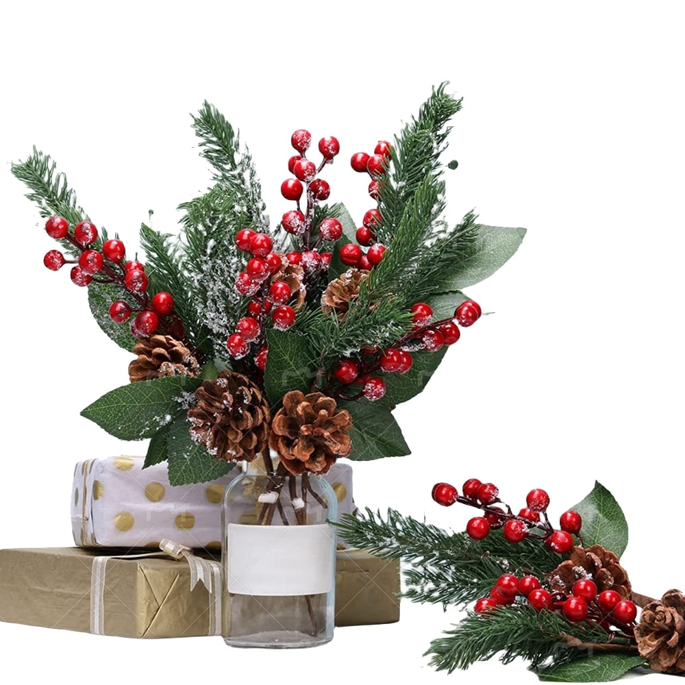 5PCS Christmas Pine Snowy Flowers, Artificial Red Berry Holly Pine ...