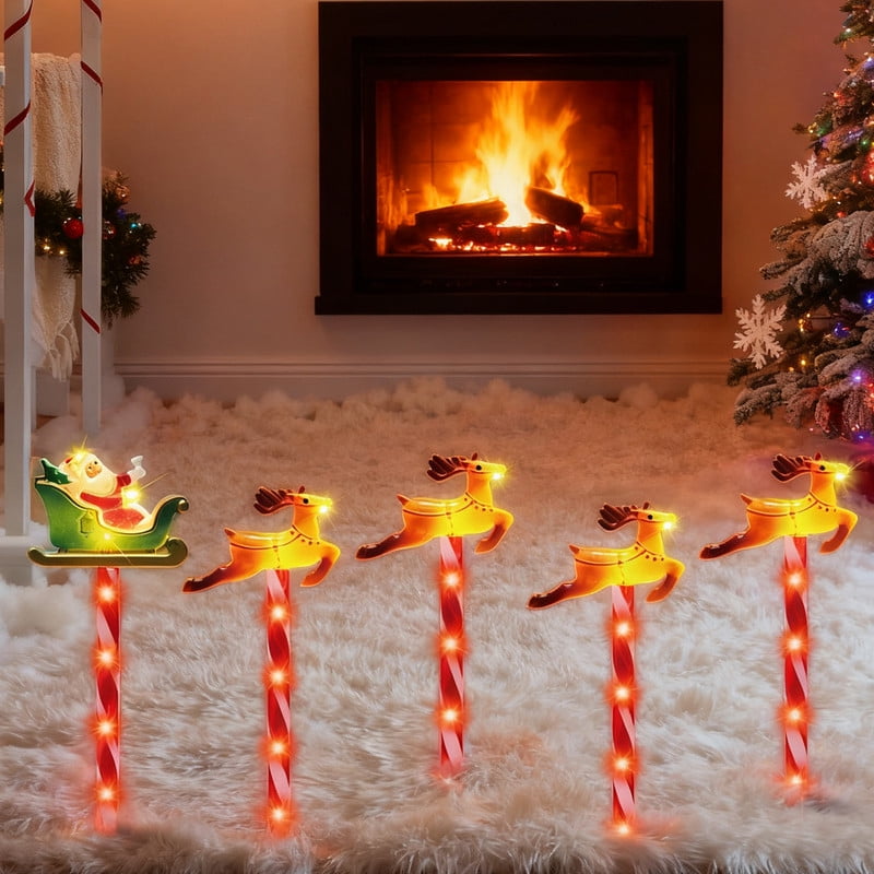 5PCS Christmas Santa Sleigh & Reindeer Pathway Lights Outdoor | 13-Inch ...