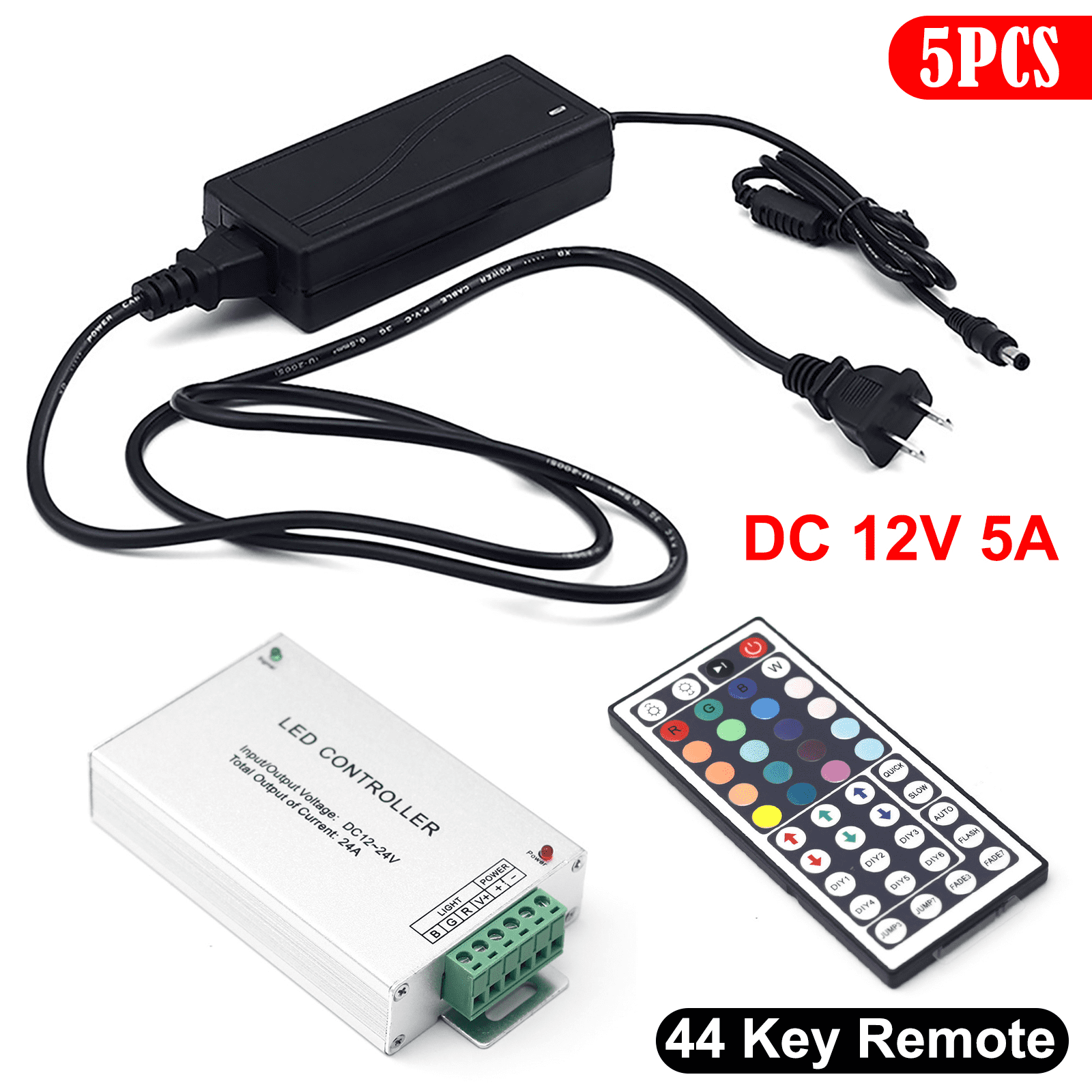 5PCS DC 12V 5A US Power Supply Adapter +44 Key Remote For LED Strip ...