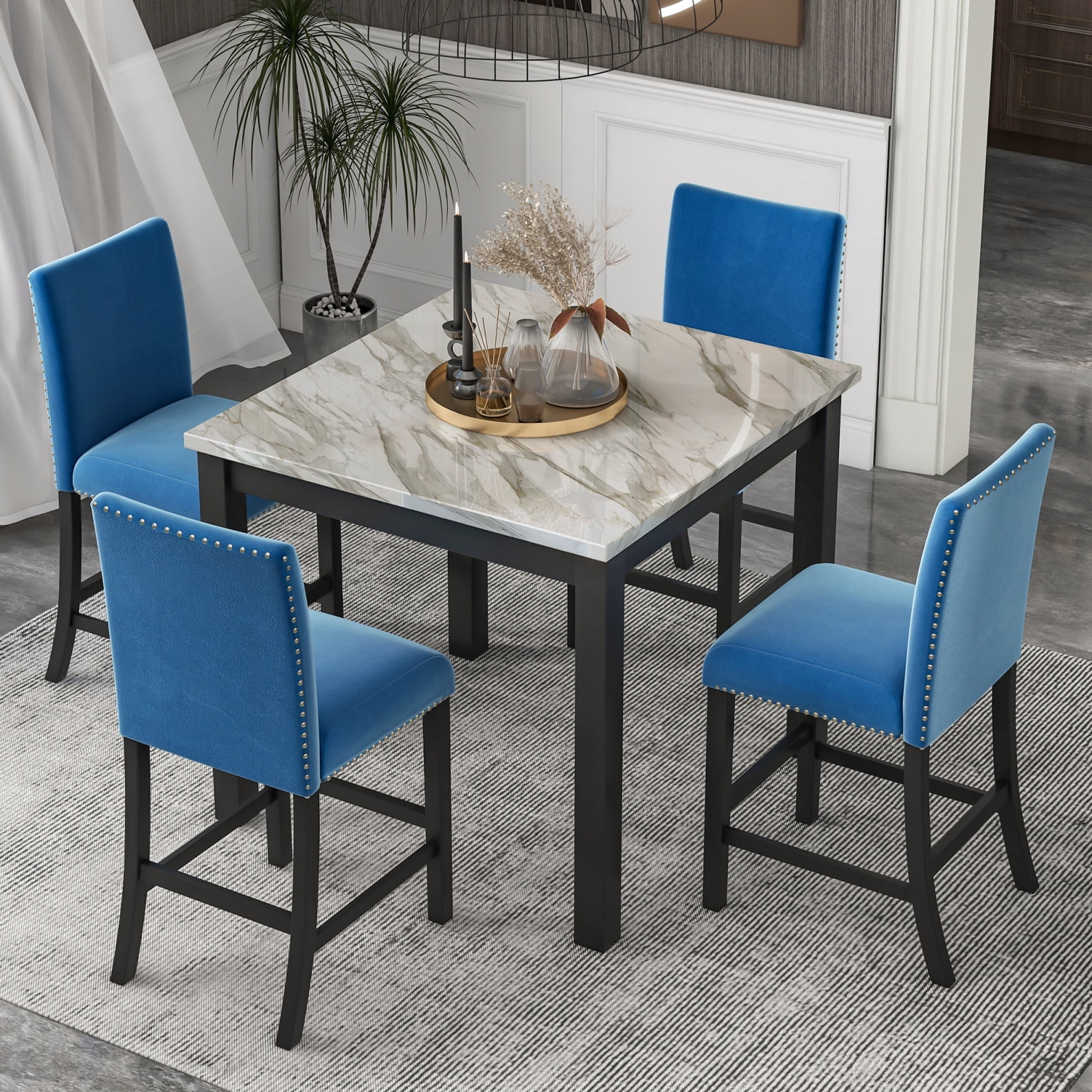 5PCS Dining Table Set, Counter Height Dining Table Set with 1 Faux ...