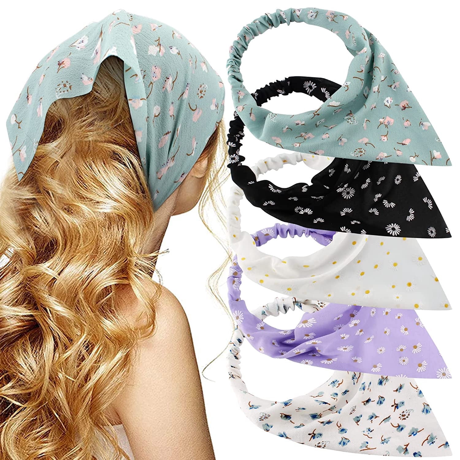 5PCS Floral Elastic Hair Bandanas Scarf Headband Chiffon Head Kerchief ...