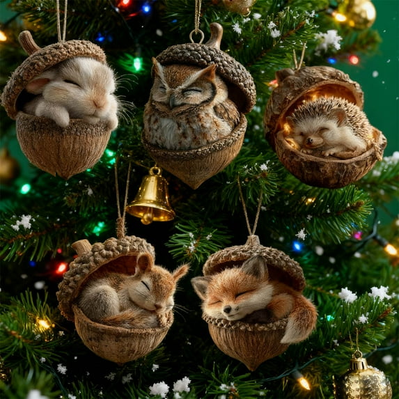 5PCS Forest Animal Acorn Ornaments, Cozy Forest Animal in Pine Cone ...
