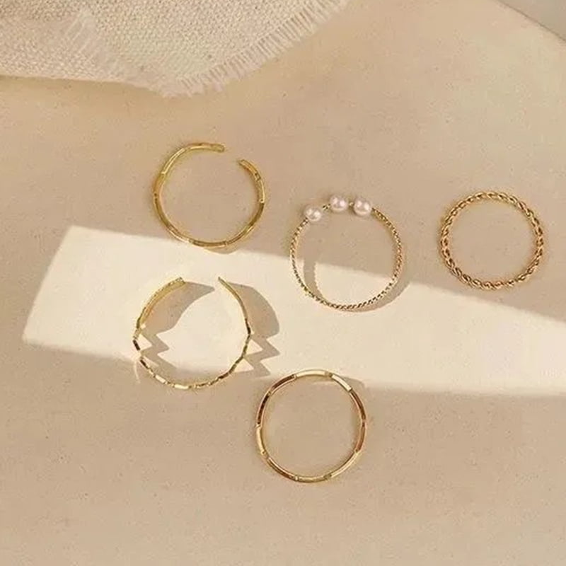 5PCS Korean Style Simple Pearl Wavy Shape Combination Finger Ring Sets ...