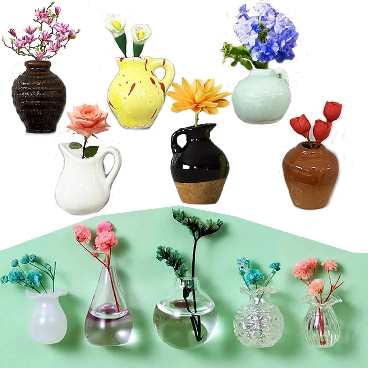 (5PCS) Mini Bud Vases Magnetic for Fridge, Cute Ceramic & Glass Vase ...