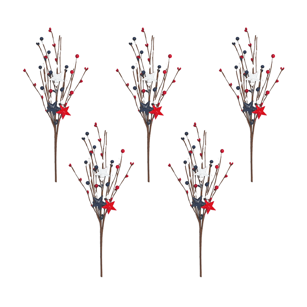5PCS Patriotic Artificial Berry Stems, White Blue Red Five Star Shaped ...