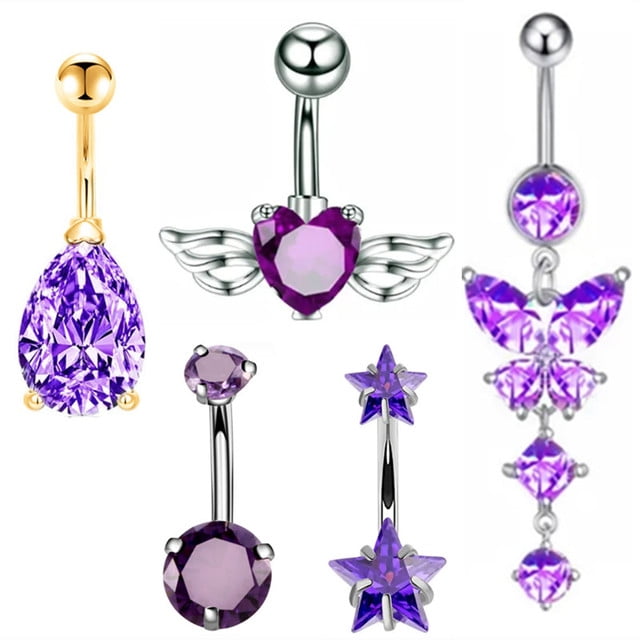 5PCS Pink Crystal Belly Button Rings Set Purple Heart Navel Piercing ...
