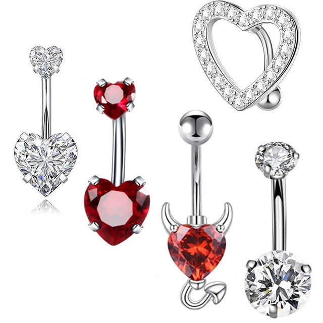 5PCS Pink Crystal Belly Button Rings Set Purple Heart Navel Piercing Bulk Green Flower Belly ...