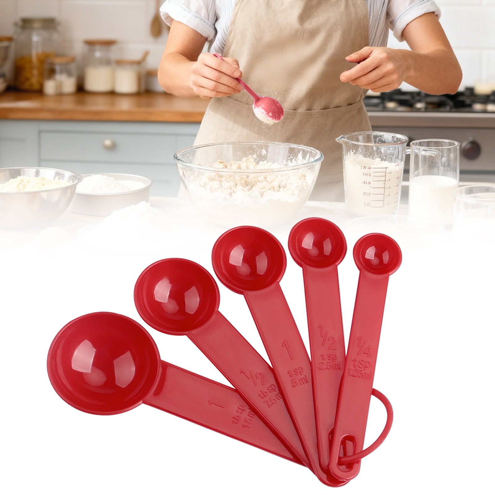 5PCS Red Measuring Cup and Spoon Set, Nesting Kitchen Tools for Baking ...