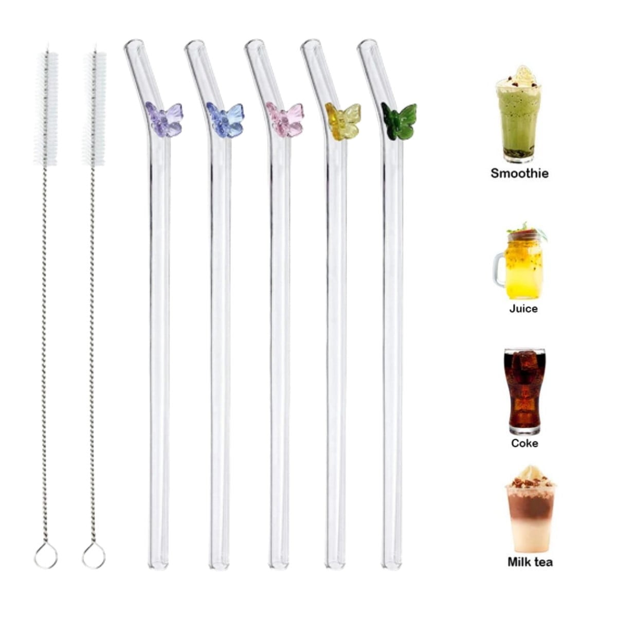 TRIANI 5PCS Reusable Glass Straws Butterfly, Borosilicate Drinkware ...