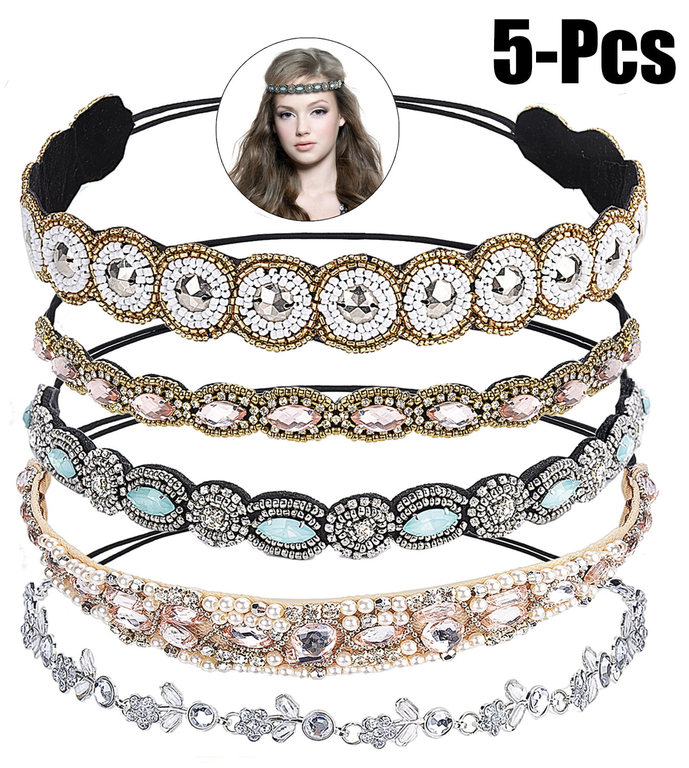 Peaoy 5PCS Rhinestone Headbands, Handmade Crystal Hair Bands for Wedding, Bohemian Bridal ...