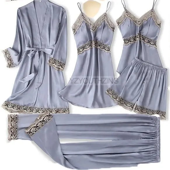 5PCS Robe Suit Satin Women Nightwear Lace Kimono Gown Bridal Wedding ...