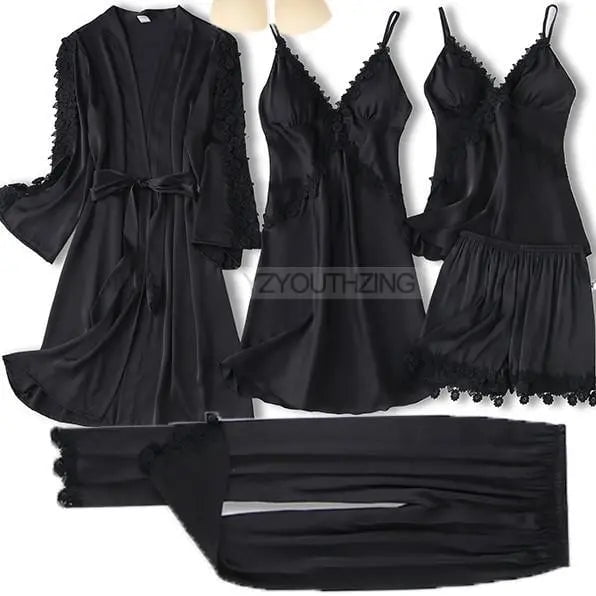 5PCS Robe Suit Satin Women Nightwear Lace Kimono Gown Bridal Wedding ...