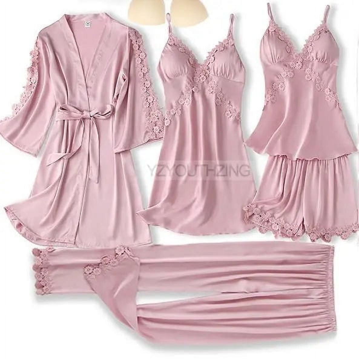 5PCS Robe Suit Satin Women Nightwear Lace Kimono Gown Bridal Wedding ...