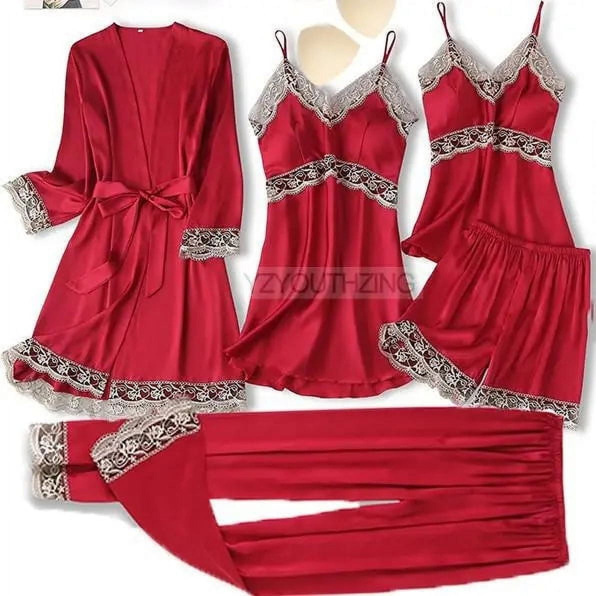 5PCS Robe Suit Satin Women Nightwear Lace Kimono Gown Bridal Wedding ...