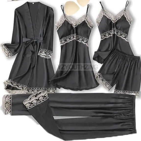 5PCS Robe Suit Satin Women Nightwear Lace Kimono Gown Bridal Wedding ...